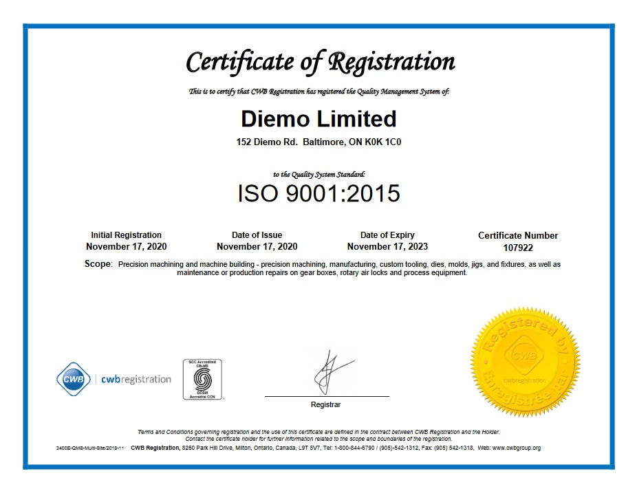 Certifications | Diemo Precision Tooling & Machine Building
