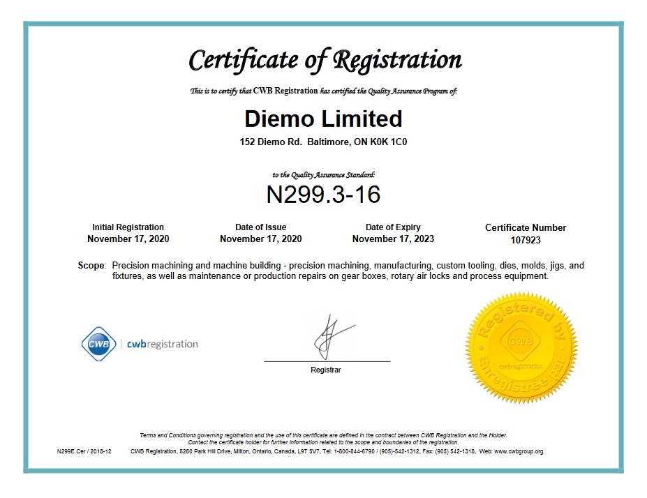 Certifications | Diemo Precision Tooling & Machine Building
